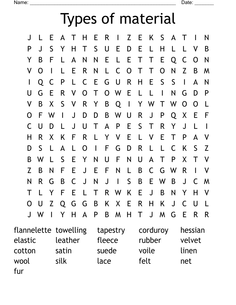 Types Of Material Word Search WordMint