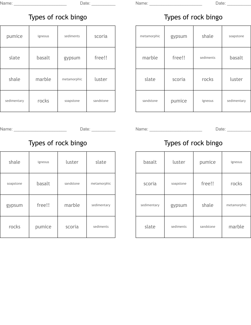 Types of rock bingo - WordMint