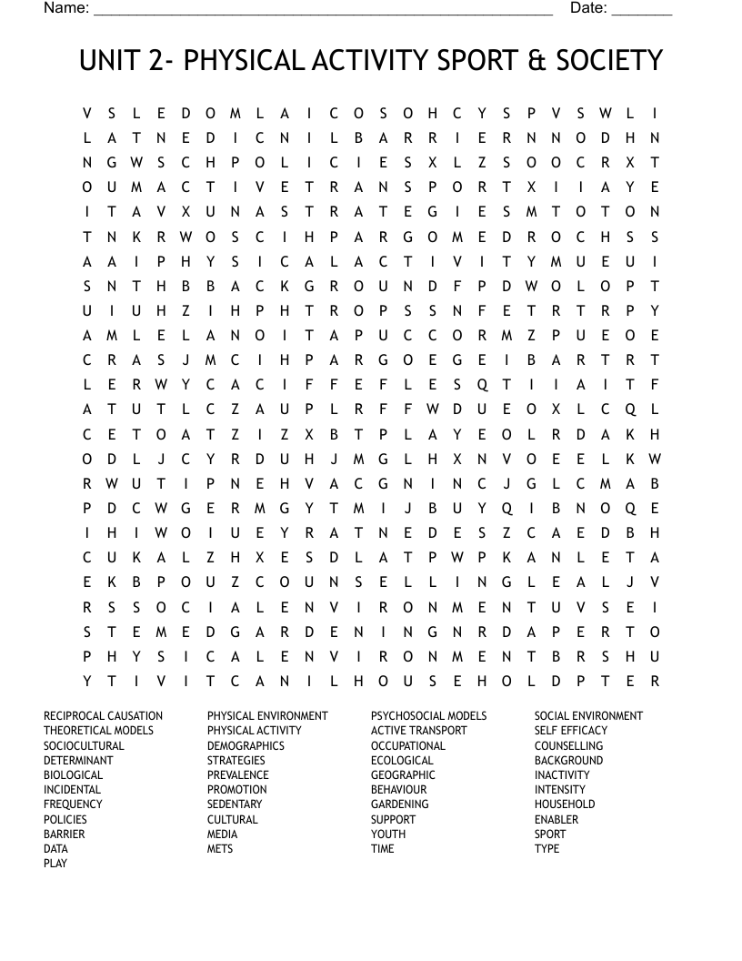 UNIT 2- PHYSICAL ACTIVITY SPORT & SOCIETY Word Search - WordMint