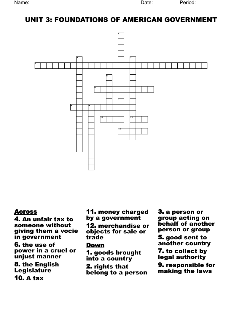UNIT 3 FOUNDATIONS OF AMERICAN GOVERNMENT Crossword WordMint