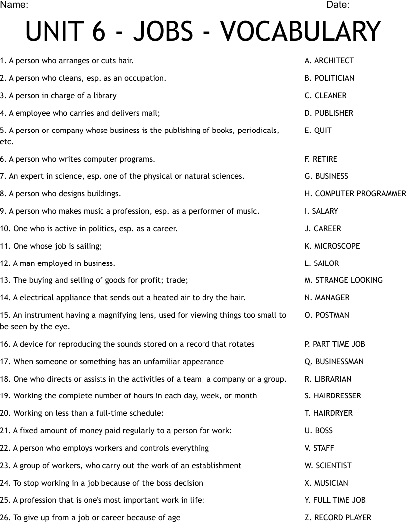 UNIT 6 - JOBS - VOCABULARY Worksheet - WordMint