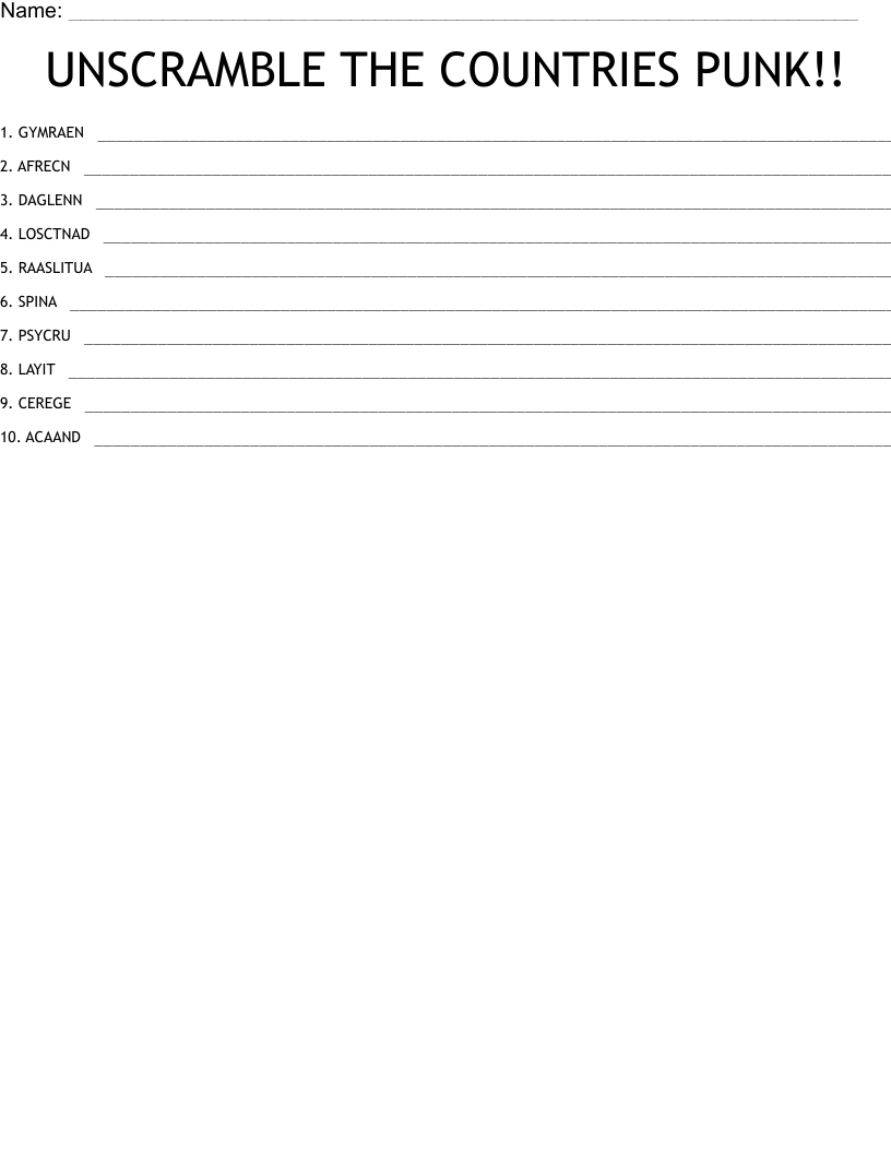 UNSCRAMBLE THE COUNTRIES PUNK!! - WordMint