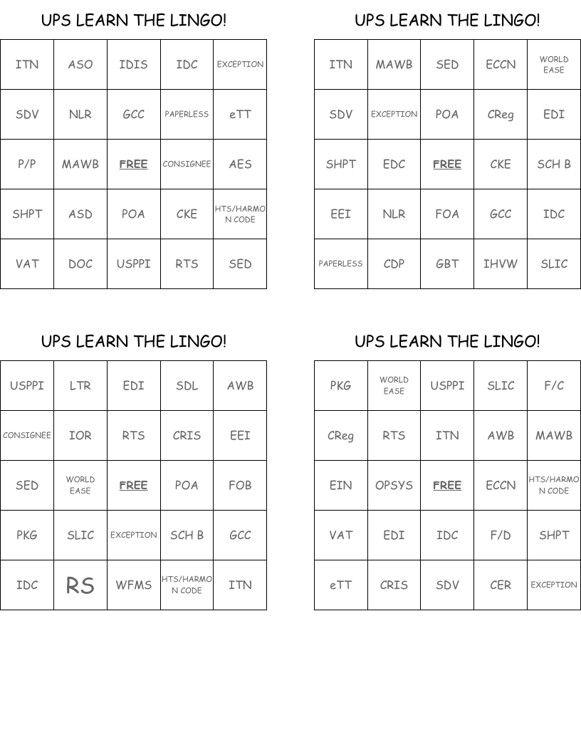 UPS LEARN THE LINGO! Bingo Cards - WordMint