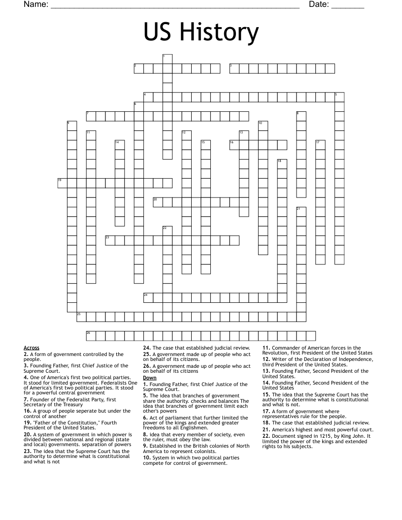 US History Crossword - WordMint