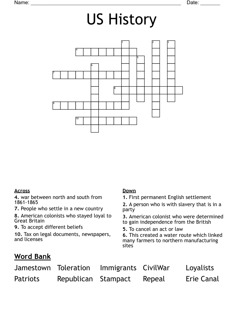 US History Crossword - WordMint