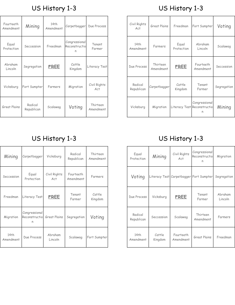 US History 1-3 Bingo Cards - WordMint