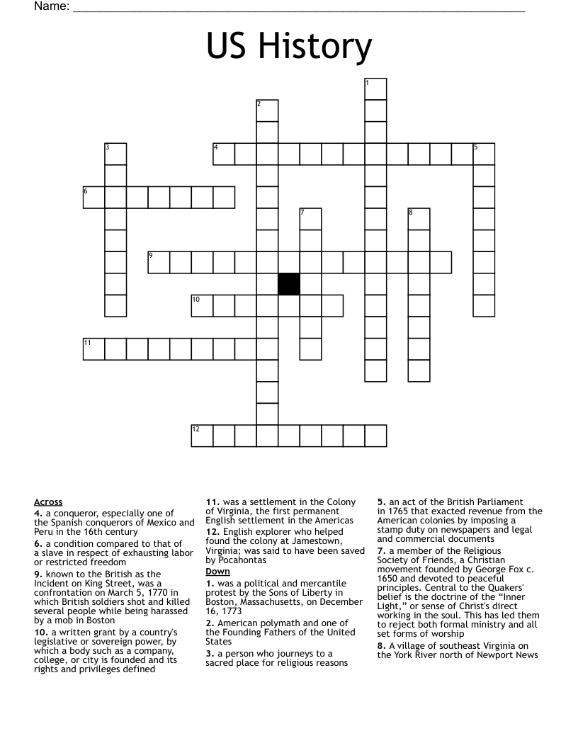 US History Crossword - WordMint