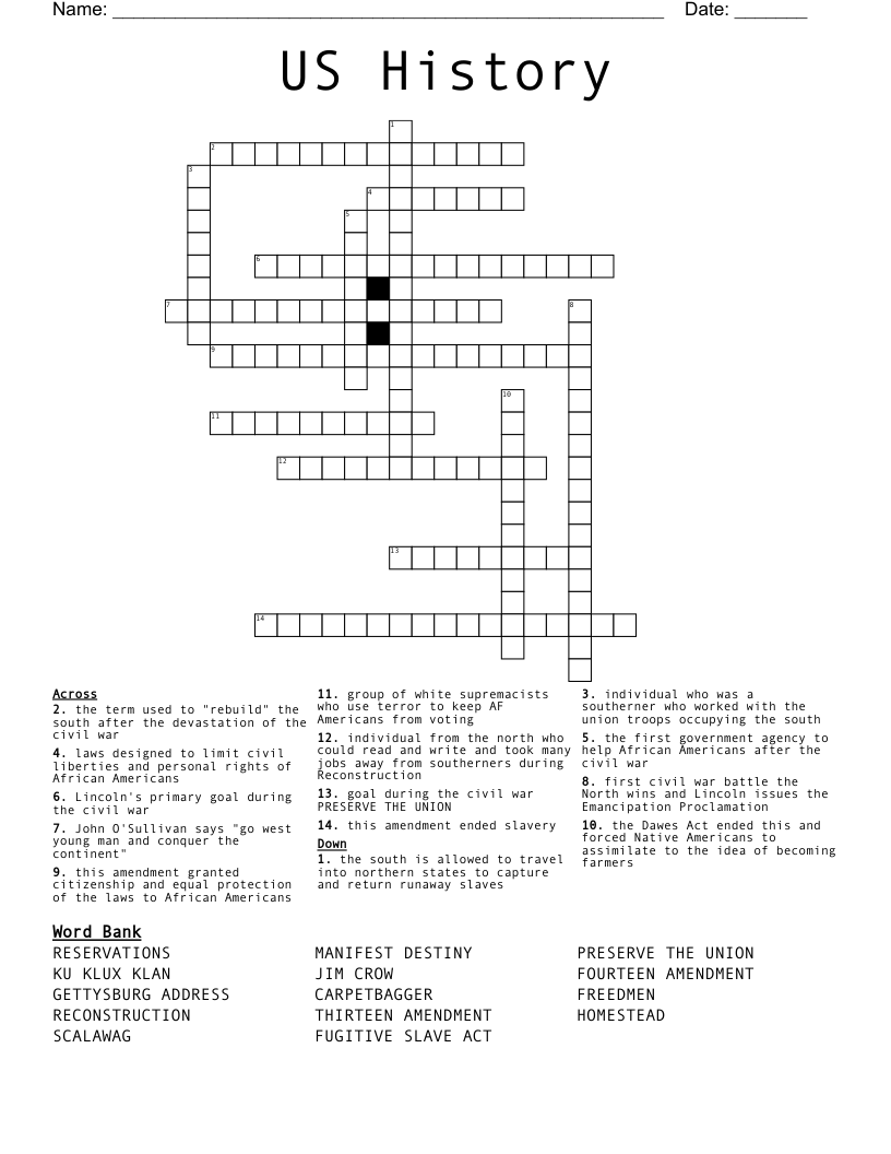 US History Crossword - WordMint
