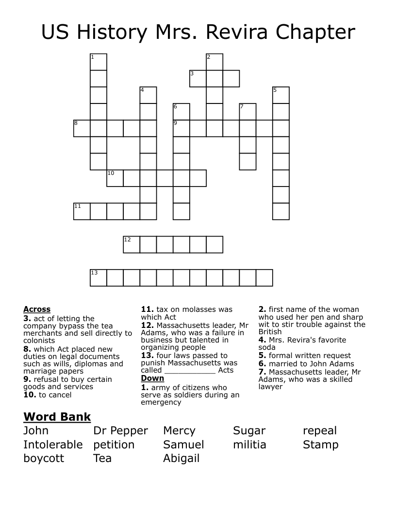 US History Mrs. Revira Chapter Crossword - WordMint