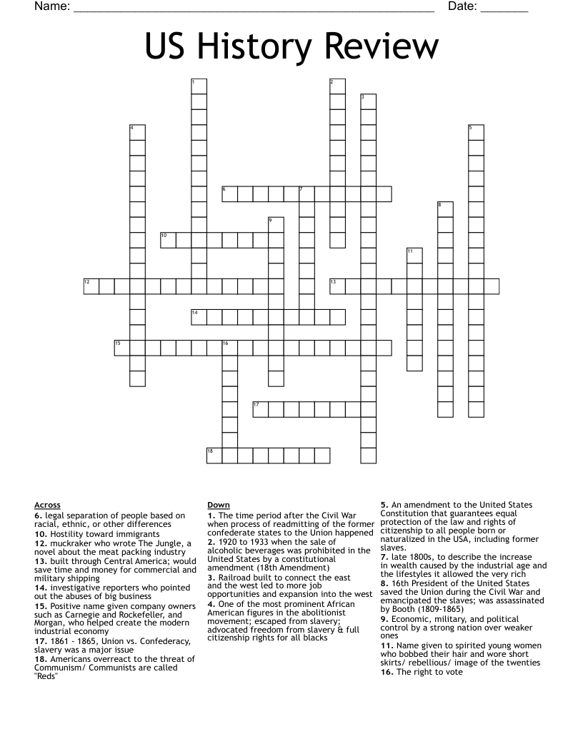 US History Review Crossword - WordMint