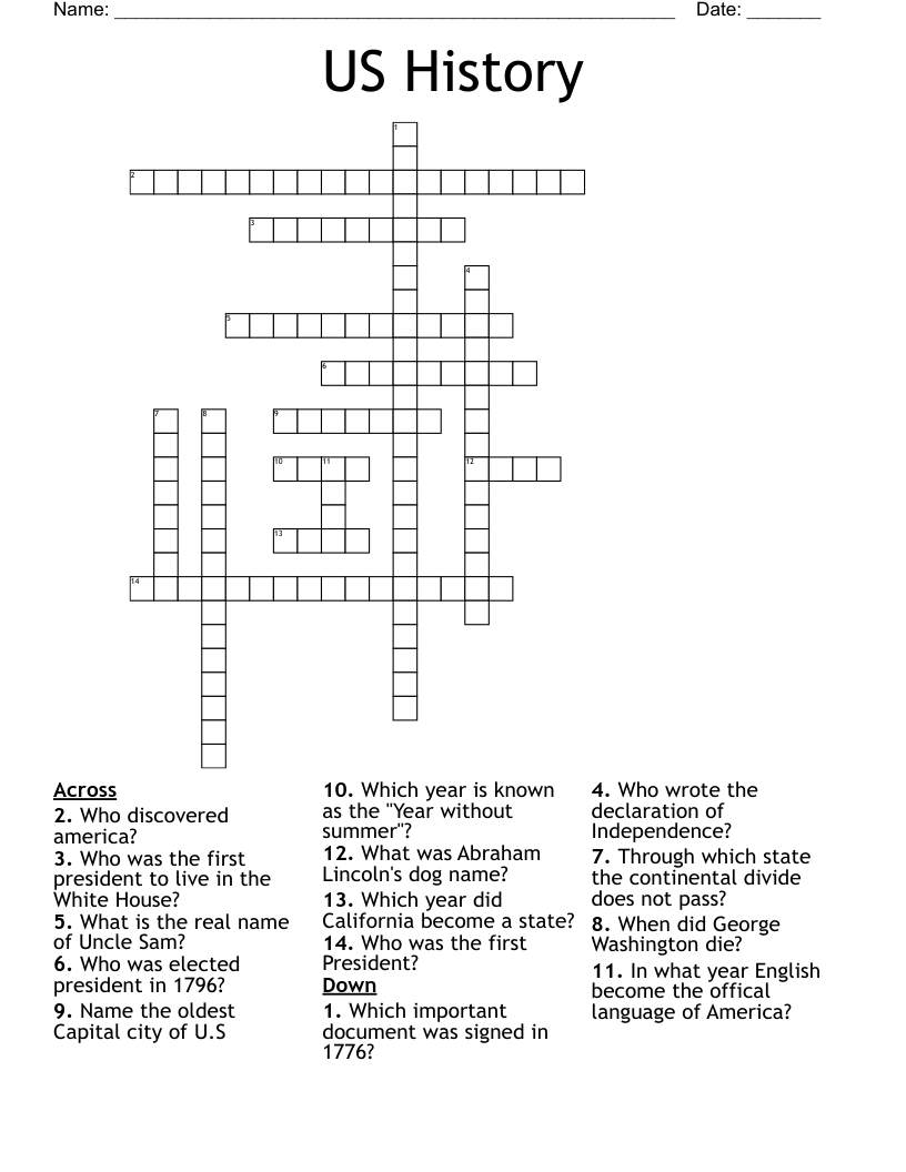 US History Crossword - WordMint
