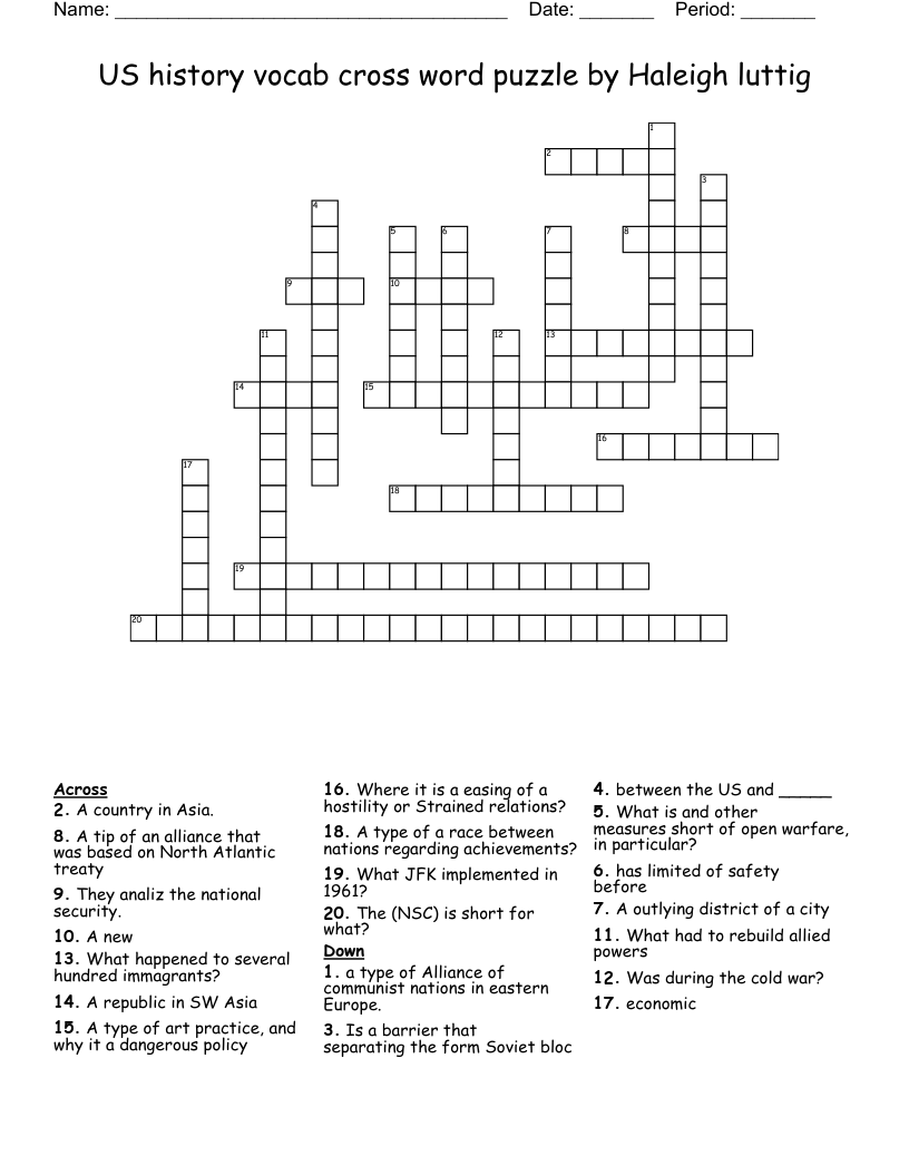 US history vocab cross word puzzle by Haleigh luttig - WordMint