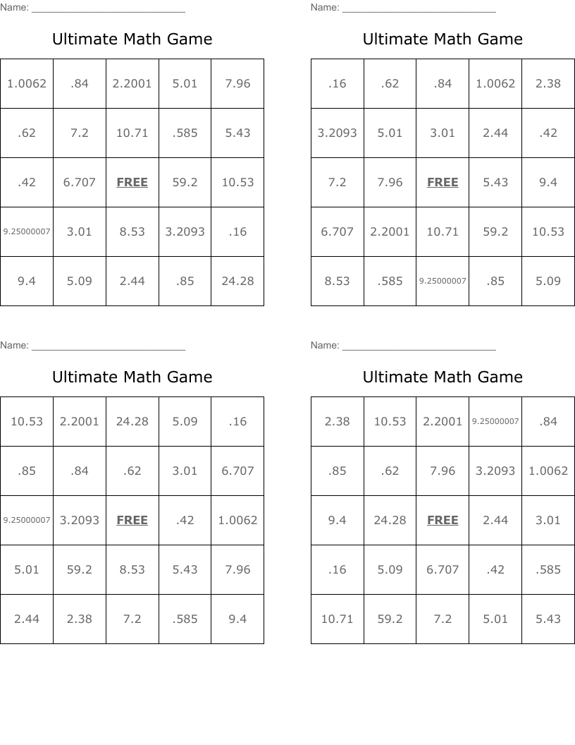Ultimate Math Game Bingo Cards - WordMint
