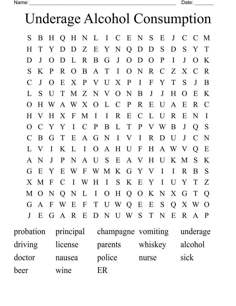 Underage Alcohol Consumption Word Search - WordMint