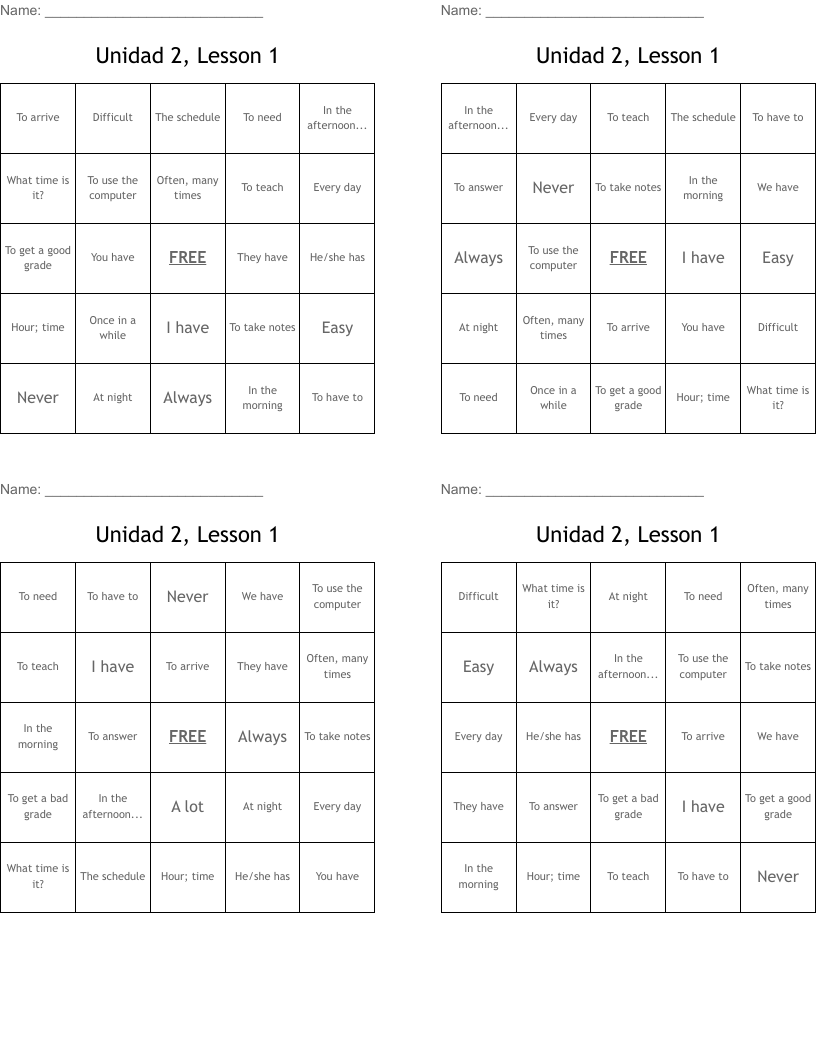 Unidad 2, Lesson 1 Bingo Cards - WordMint
