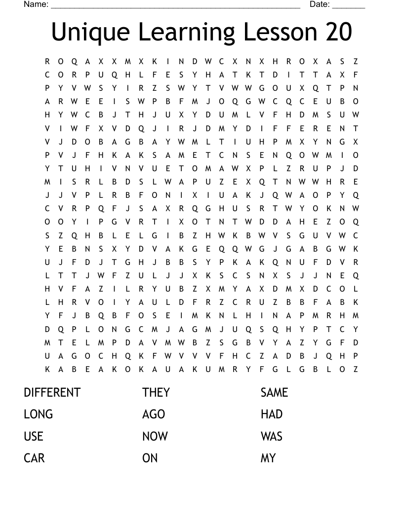 Unique Learning Lesson 20 Word Search - WordMint