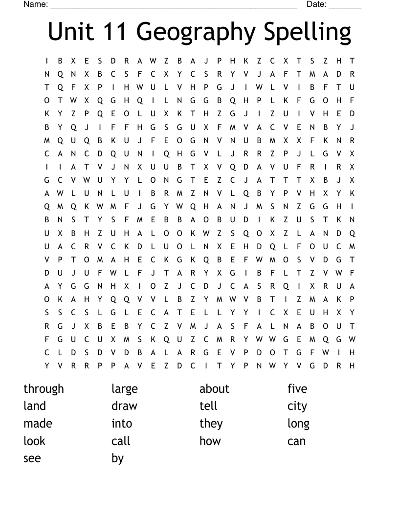 Unit 11 Geography Spelling Word Search - WordMint