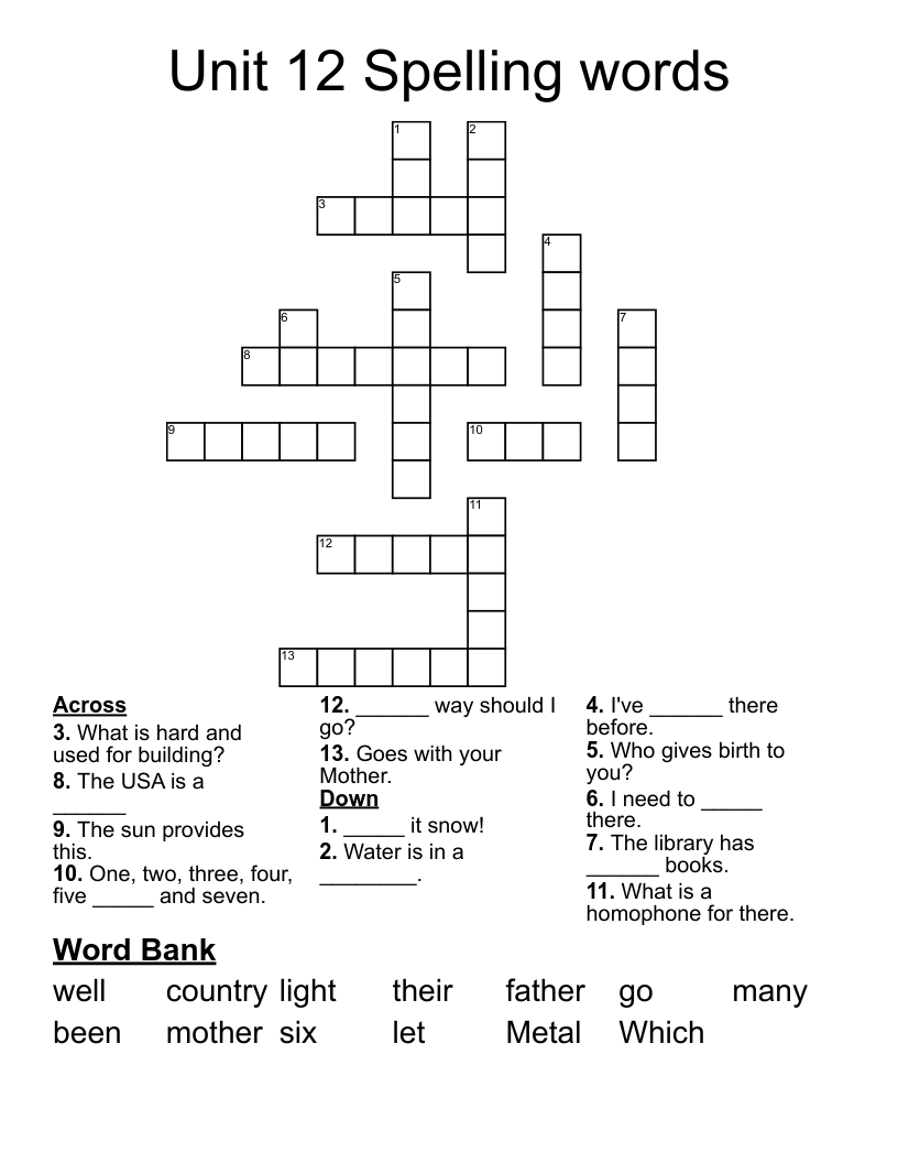 Unit 12 Spelling words Crossword - WordMint