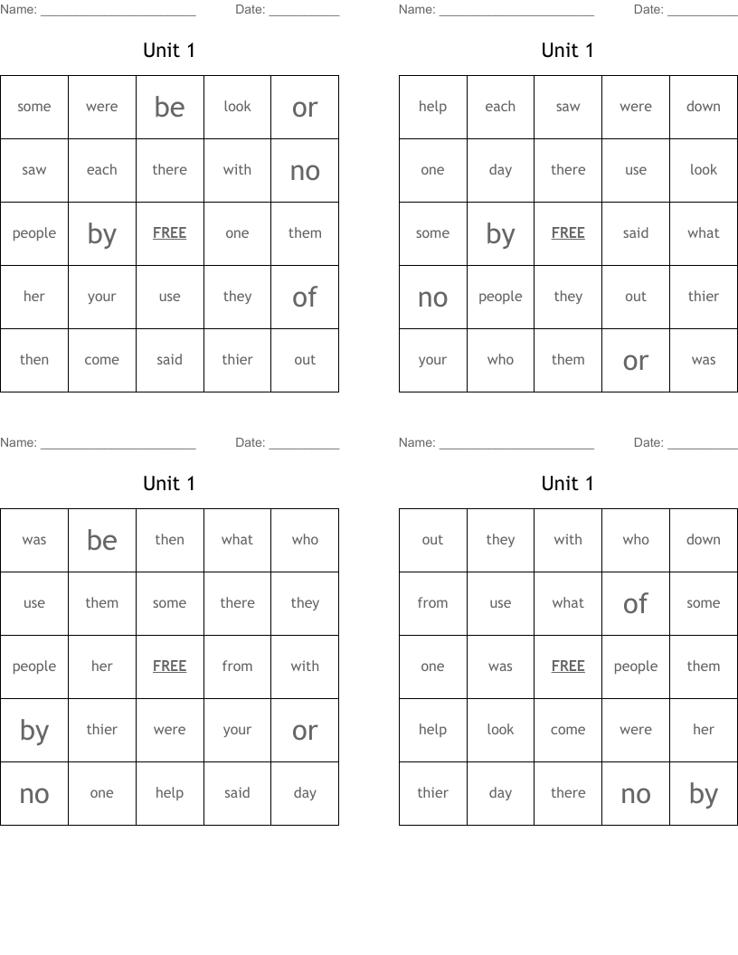 Unit 1 Bingo Cards - WordMint