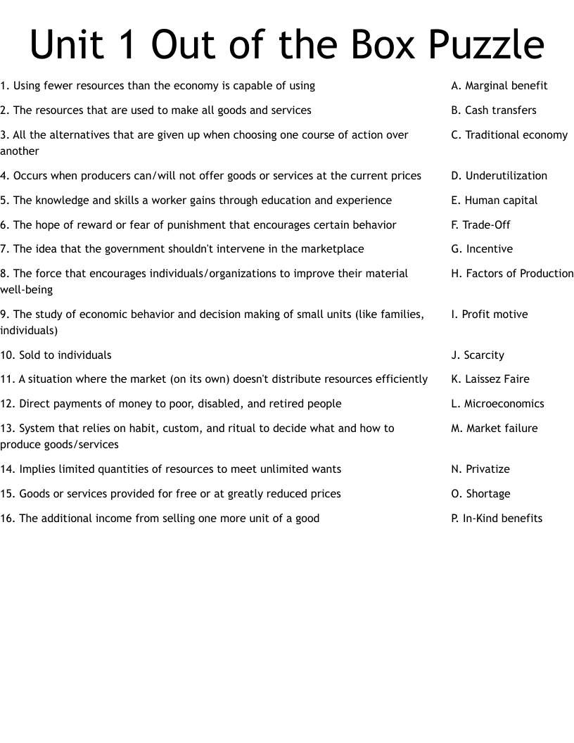 Unit 1 Out of the Box Puzzle Worksheet - WordMint