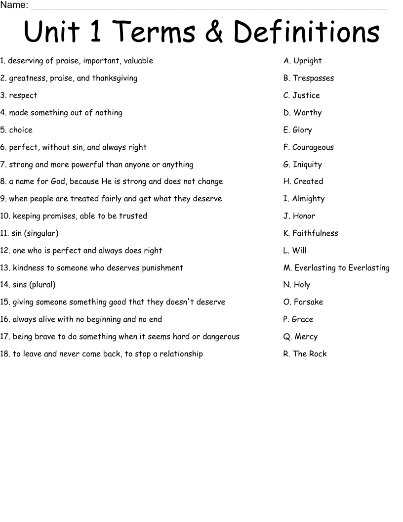 Unit 1 Terms & Definitions Worksheet - WordMint