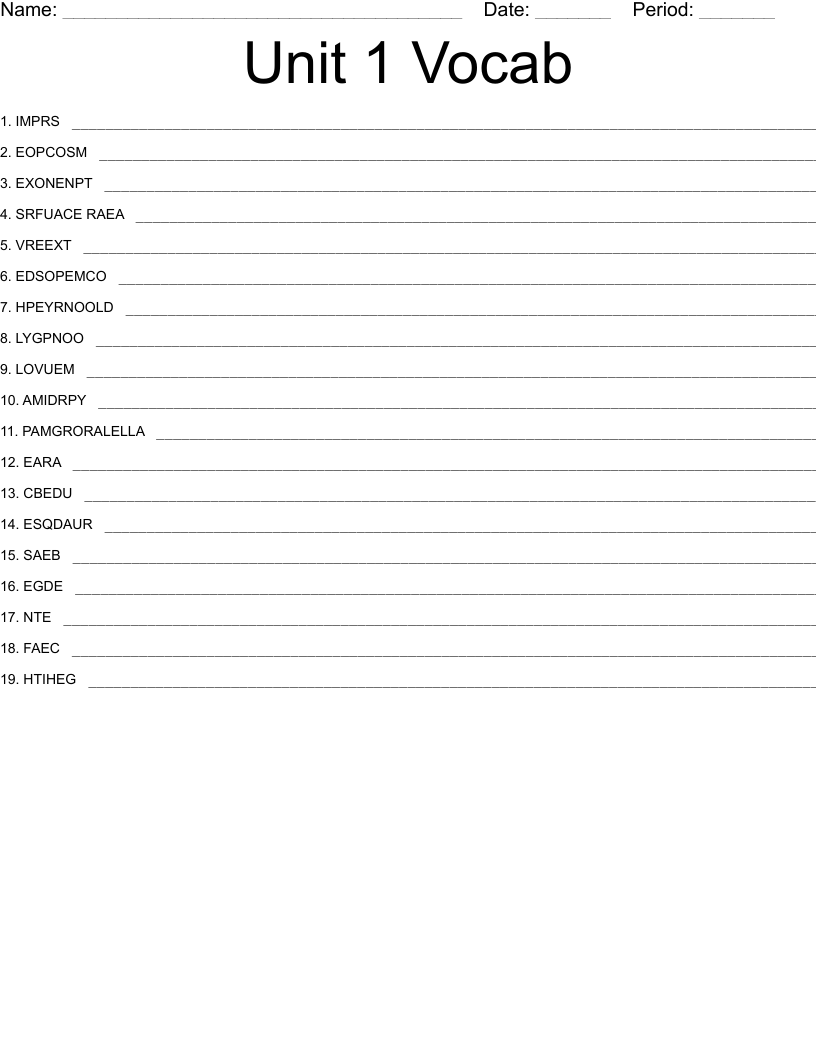Unit 1 Vocab Word Scramble - WordMint