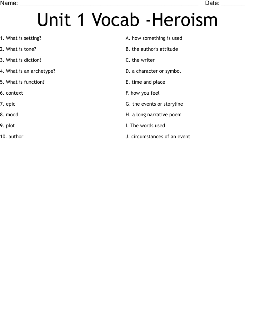 Unit 1 Vocab -Heroism Worksheet - WordMint