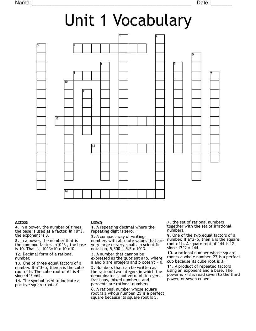Unit 1 Vocabulary Crossword WordMint