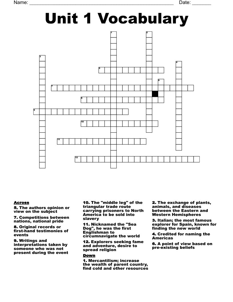 Unit 1 Vocabulary Crossword - WordMint