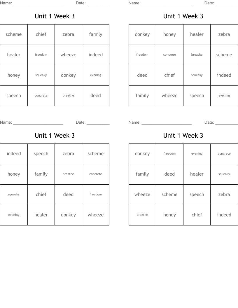 Unit 1 Week 3 Bingo Cards - WordMint