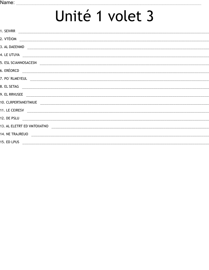 Unité 1 volet 3 Word Scramble - WordMint