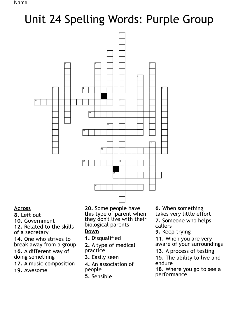 Unit 24 Spelling Words: Purple Group Crossword - WordMint