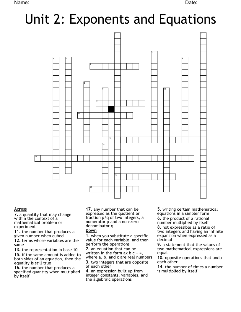Unit 2 Exponents And Equations Crossword WordMint