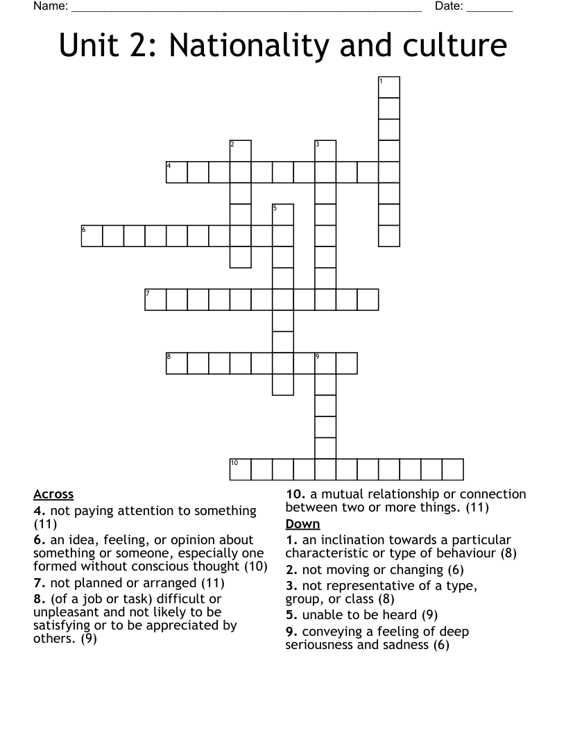 Unit 2: Nationality and culture Crossword - WordMint