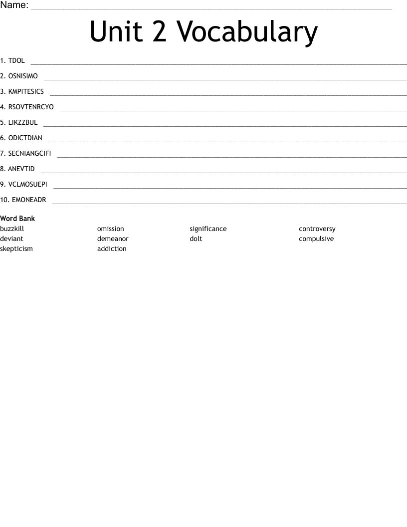 Unit 2 Vocabulary Word Scramble - WordMint
