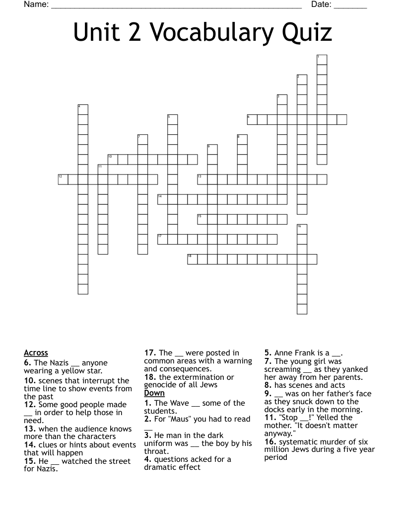 Unit 2 Vocabulary Quiz Crossword - WordMint
