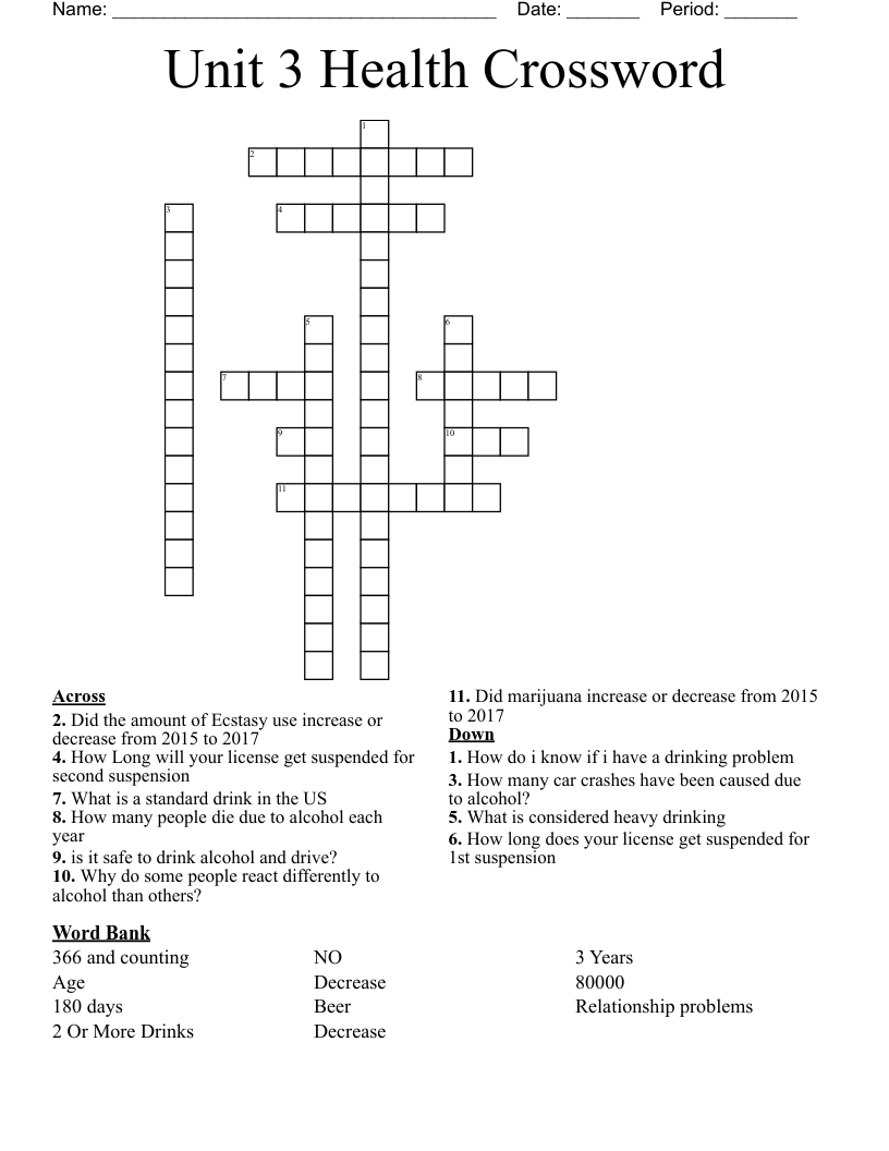Unit 3 Health Crossword - WordMint