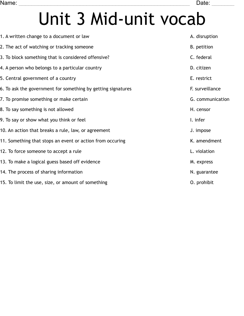 Unit 3 Mid-unit vocab Worksheet - WordMint