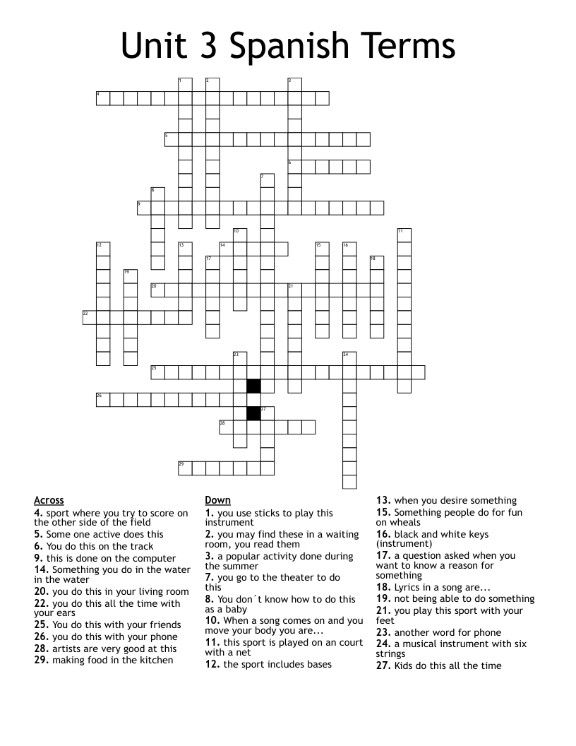 Unit 3 Spanish Terms Crossword WordMint