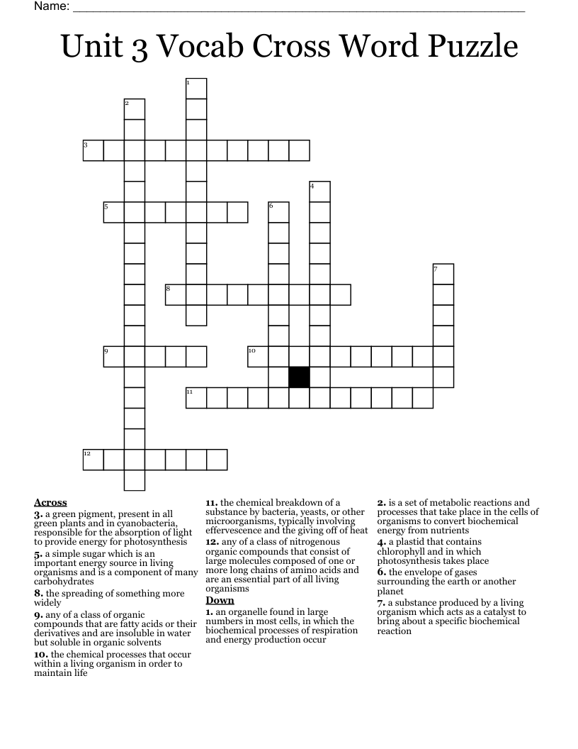 Unit 3 Vocab Cross Word Puzzle - WordMint