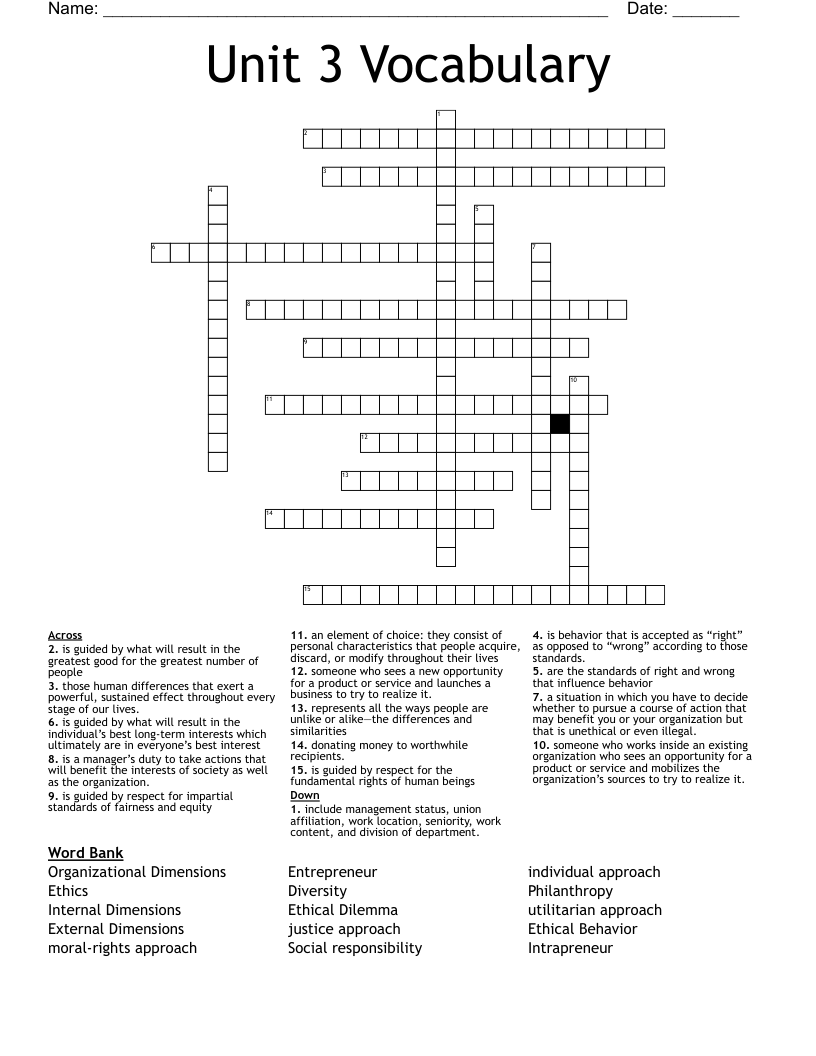 Unit 3 Vocabulary Crossword - WordMint