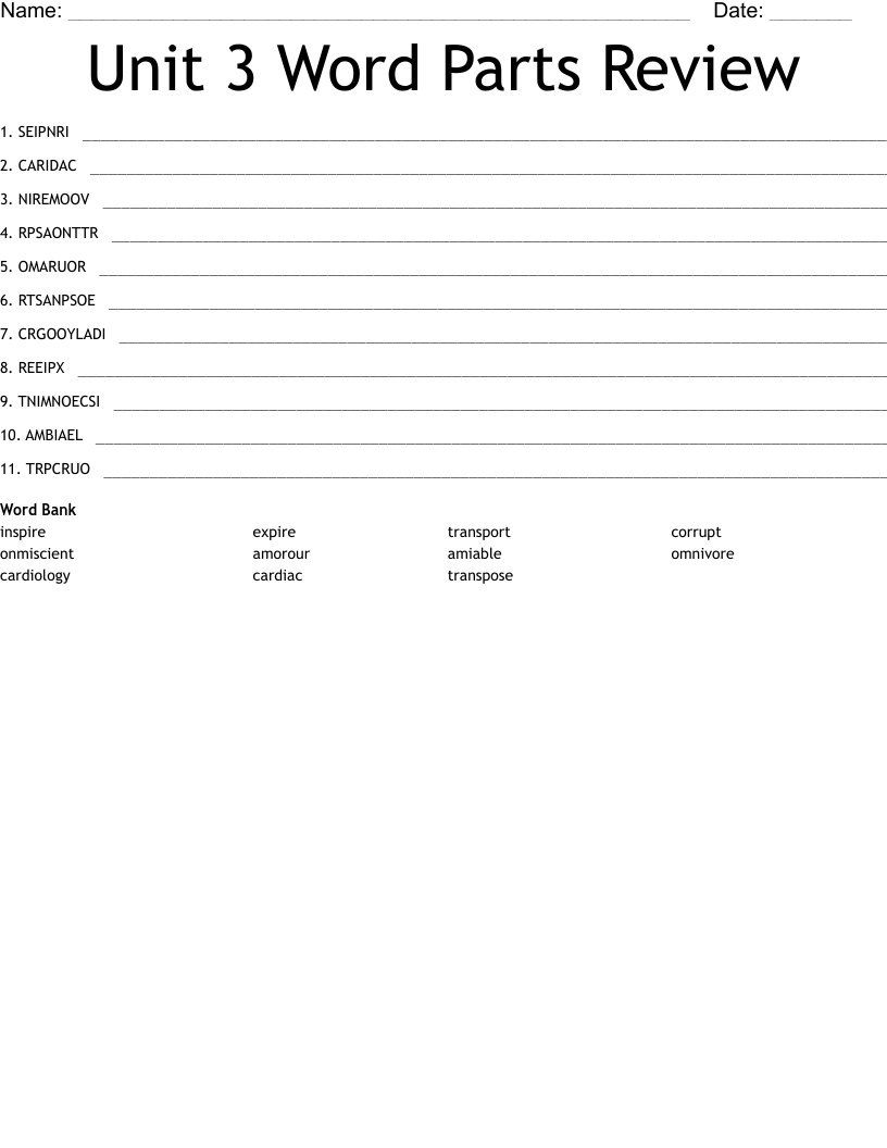 Unit 3 Word Parts Review Word Scramble - WordMint