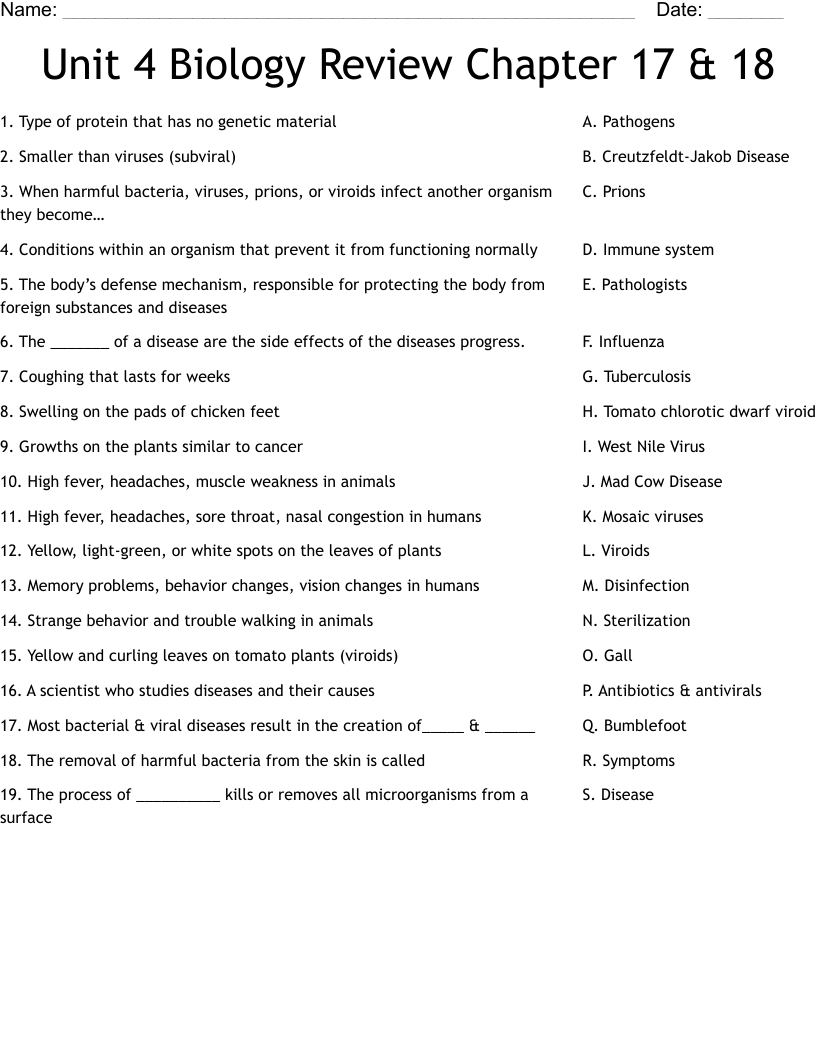 Unit 4 Biology Review Chapter 17 18 Worksheet WordMint