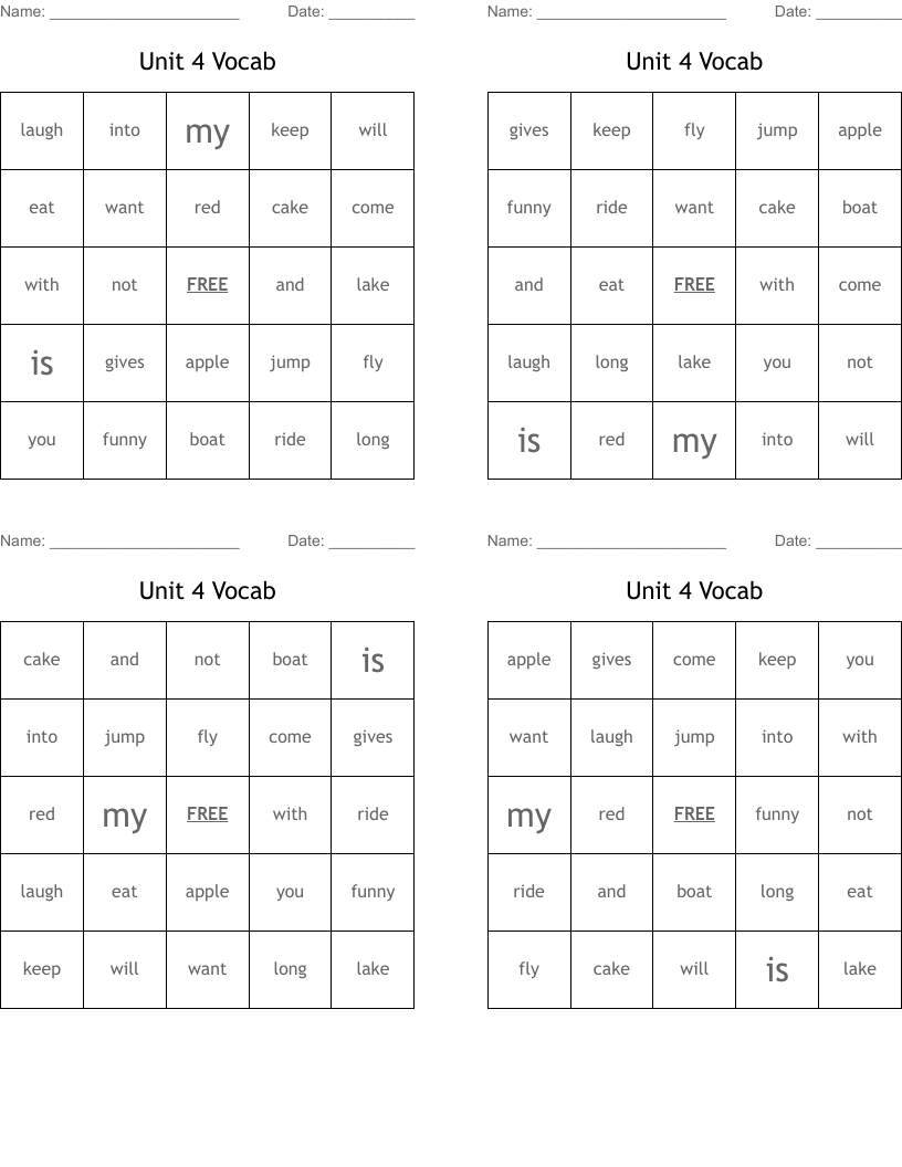 Unit 4 Vocab Bingo Cards - WordMint