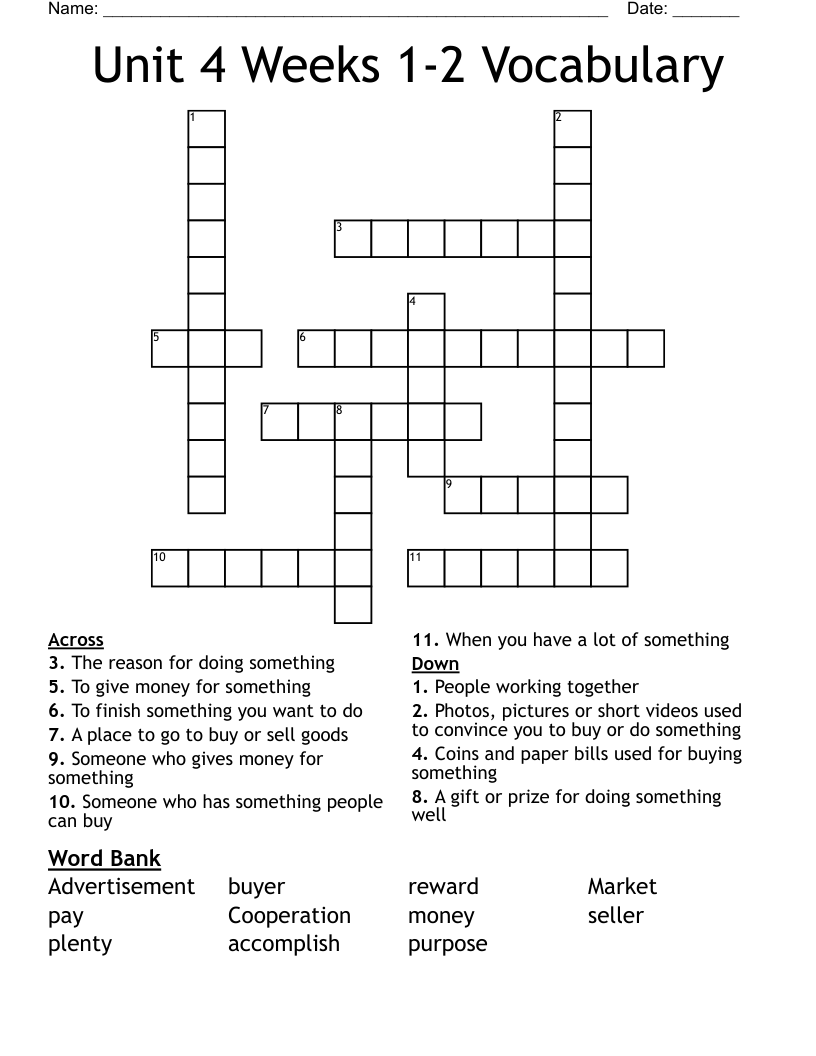 Unit 4 Weeks 1-2 Vocabulary Crossword - WordMint