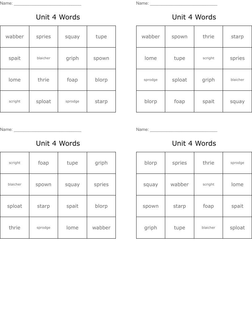 Unit 4 Words Bingo Cards - WordMint