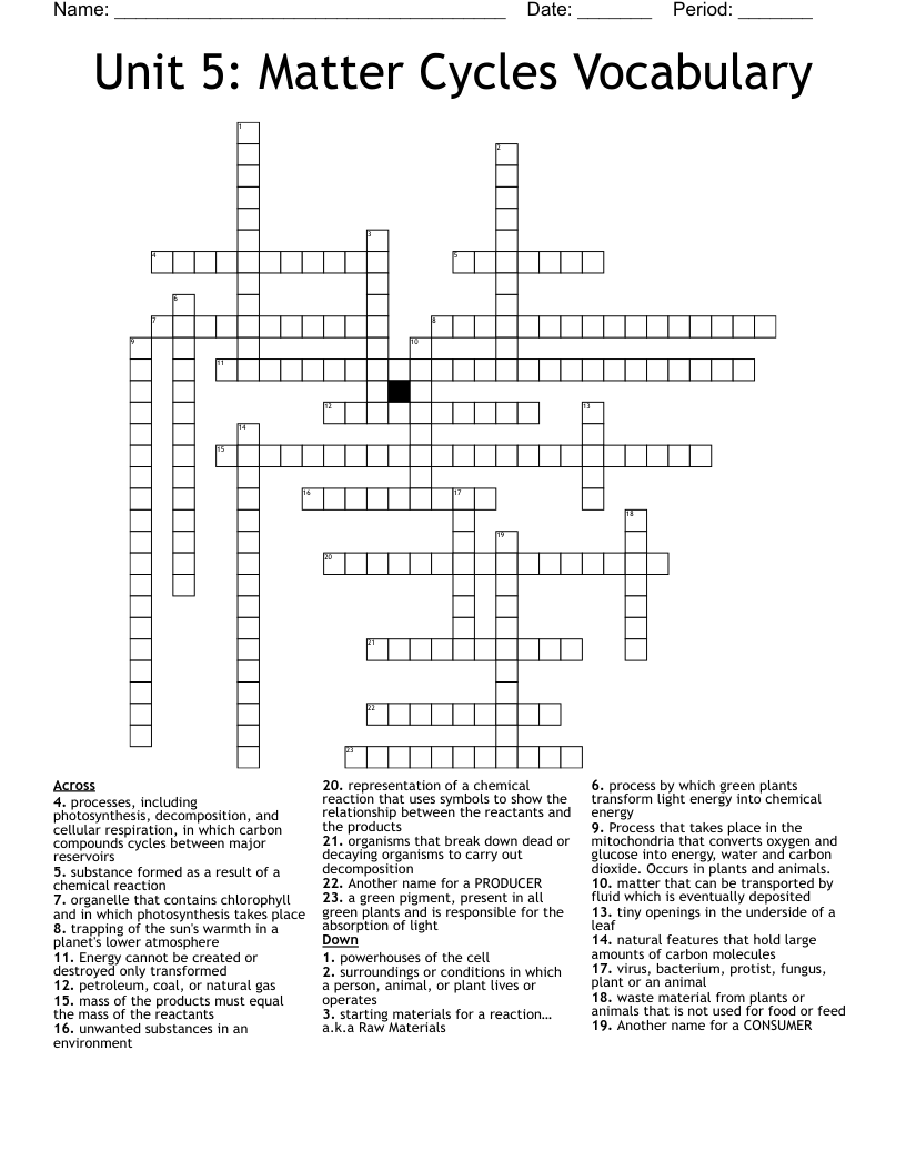 Unit 5: Matter Cycles Vocabulary Crossword - WordMint