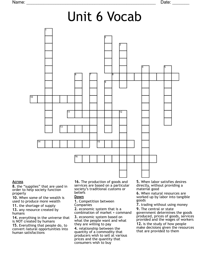 Unit 6 Vocab Crossword - WordMint