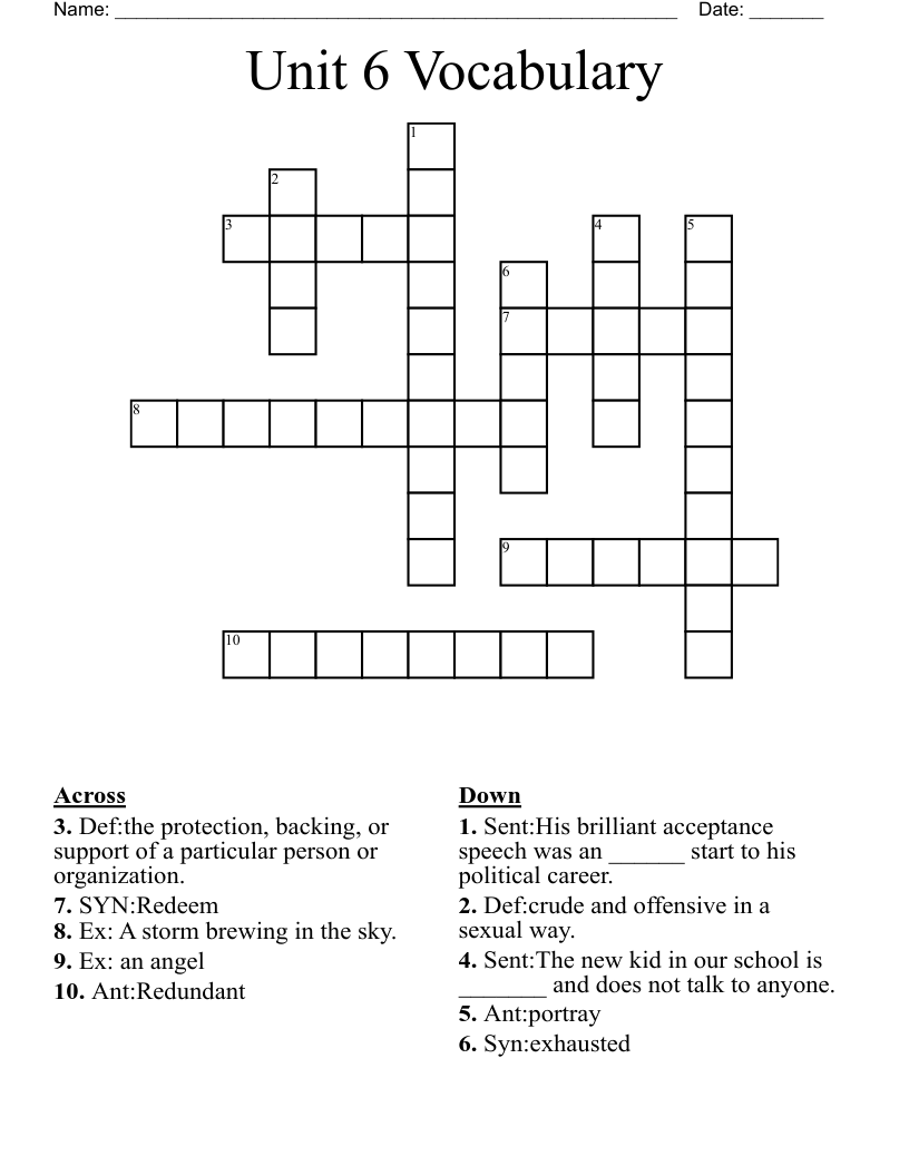 Unit 6 Vocabulary Crossword - WordMint
