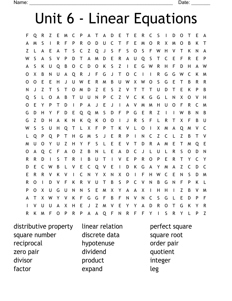 Unit 6 - Linear Equations Word Search - WordMint